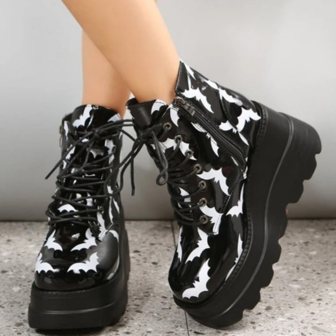 Women Black Wedge Punk Gothic Shoes New Trend Dark Bat Gothic Boots ...