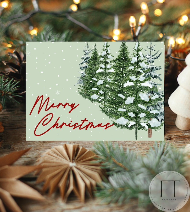 Printable Christmas Card Snowy Christmas Tree Card Snowy Christmas Card ...