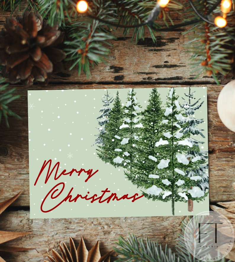 Printable Christmas Card Snowy Christmas Tree Card Snowy Christmas Card ...