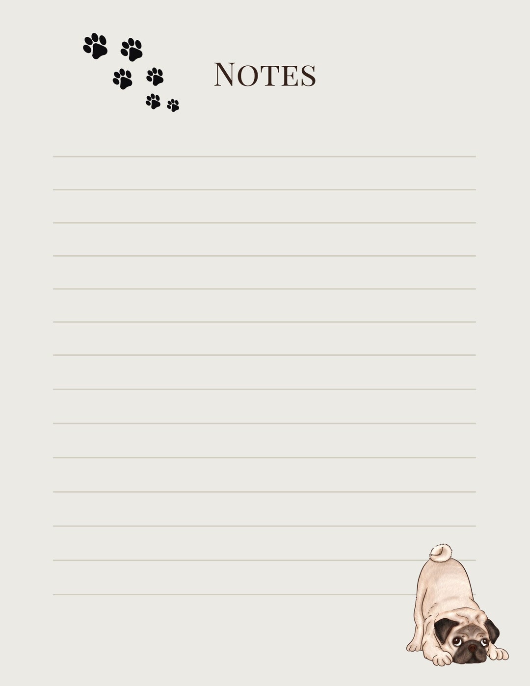 Pug Notes Cute Pug Playful Pug Paw Prints Dog Prints Dog - Etsy