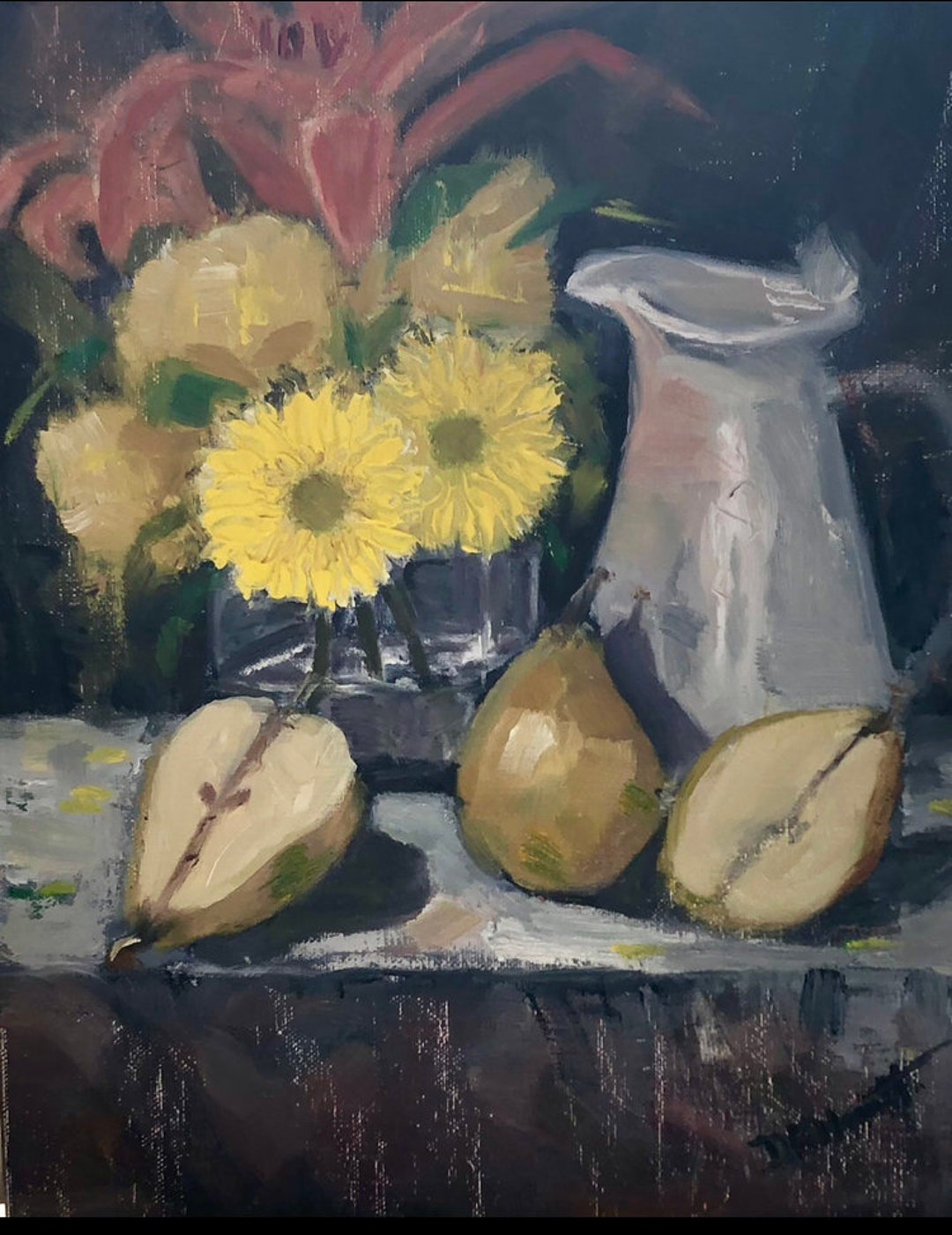 Framed Original Abstracted Still Life Oil Painting daisies and Pears ...