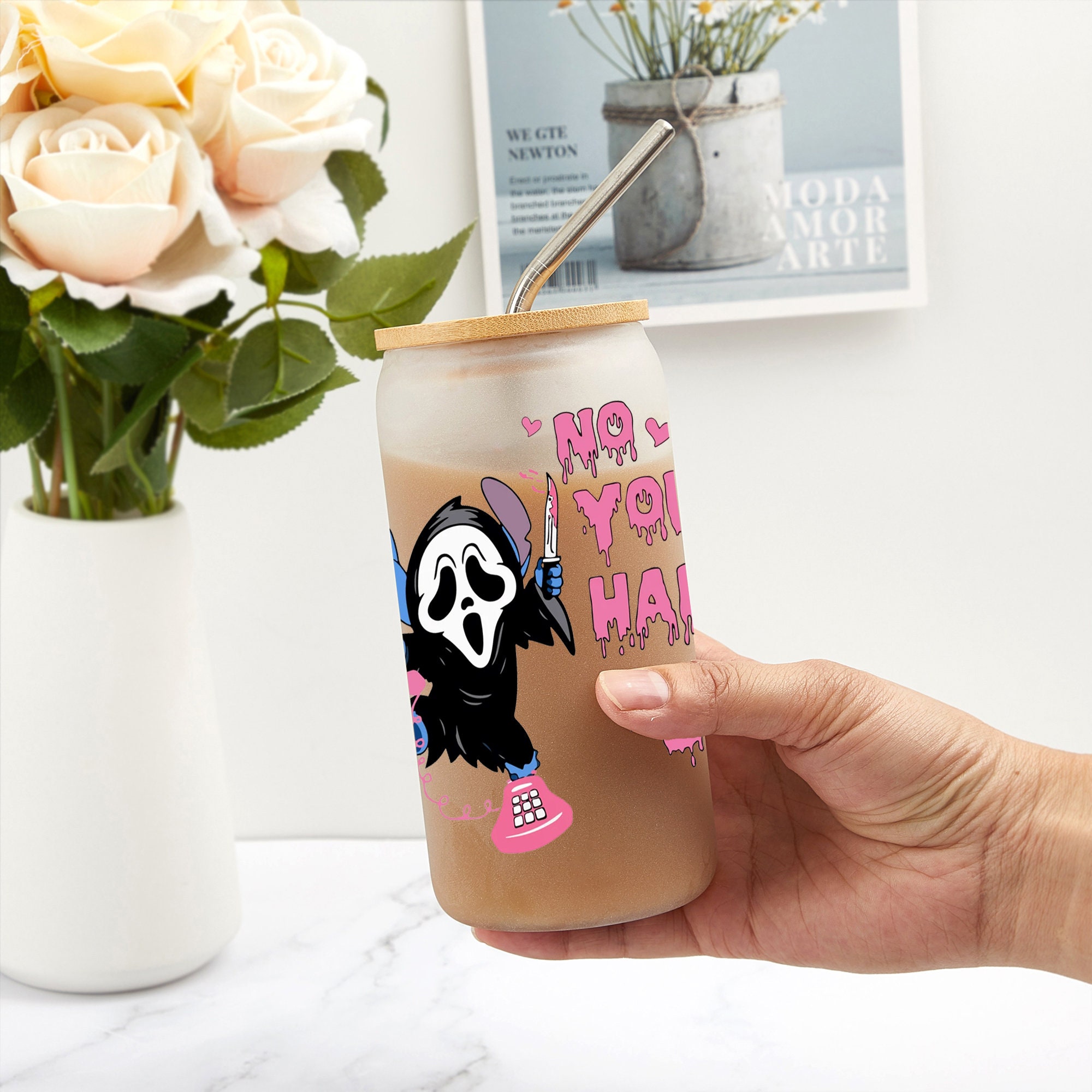 Scream Iced Coffee Glass Cup Halloween Stitch Scream Cup No - Etsy