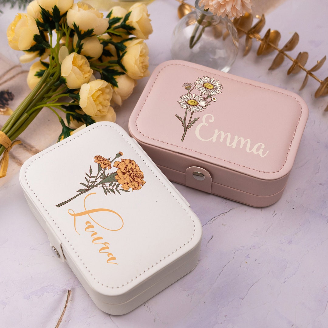 Personalized Birth Flower Jewelry Box, Custom Floral Jewelry Case ...
