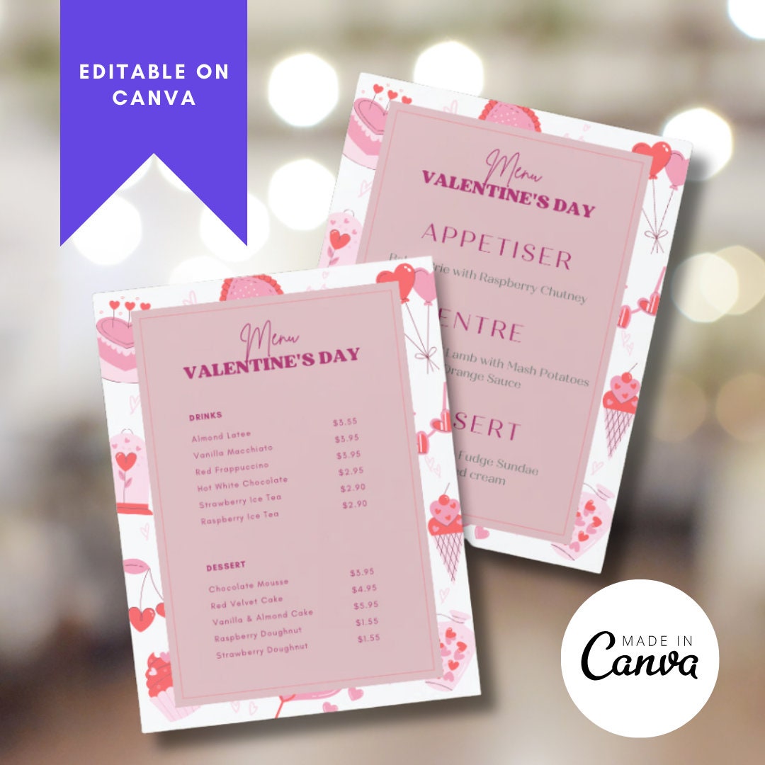 Printable Valentine's Day Menu, Valentine Dinner Party Menu, Editable ...