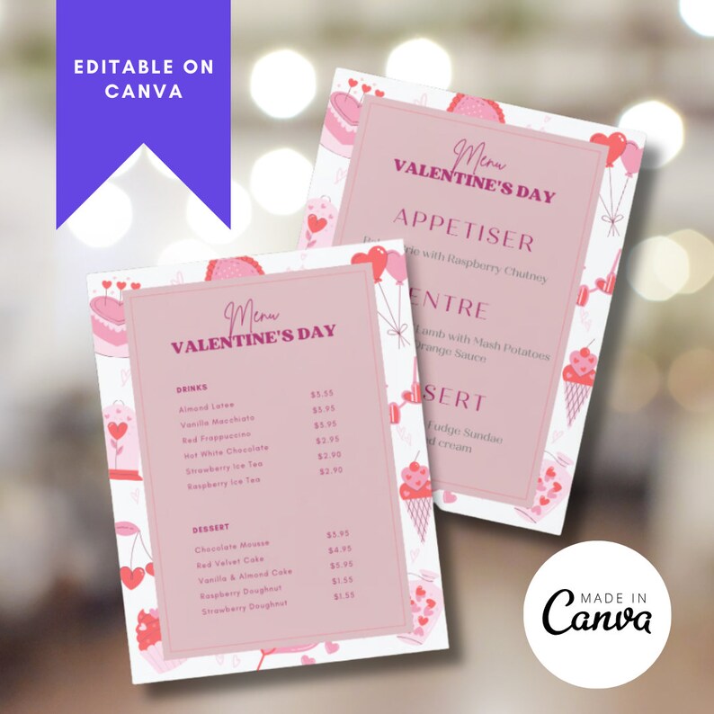 Printable Valentine's Day Menu, Valentine Dinner Party Menu, Editable ...