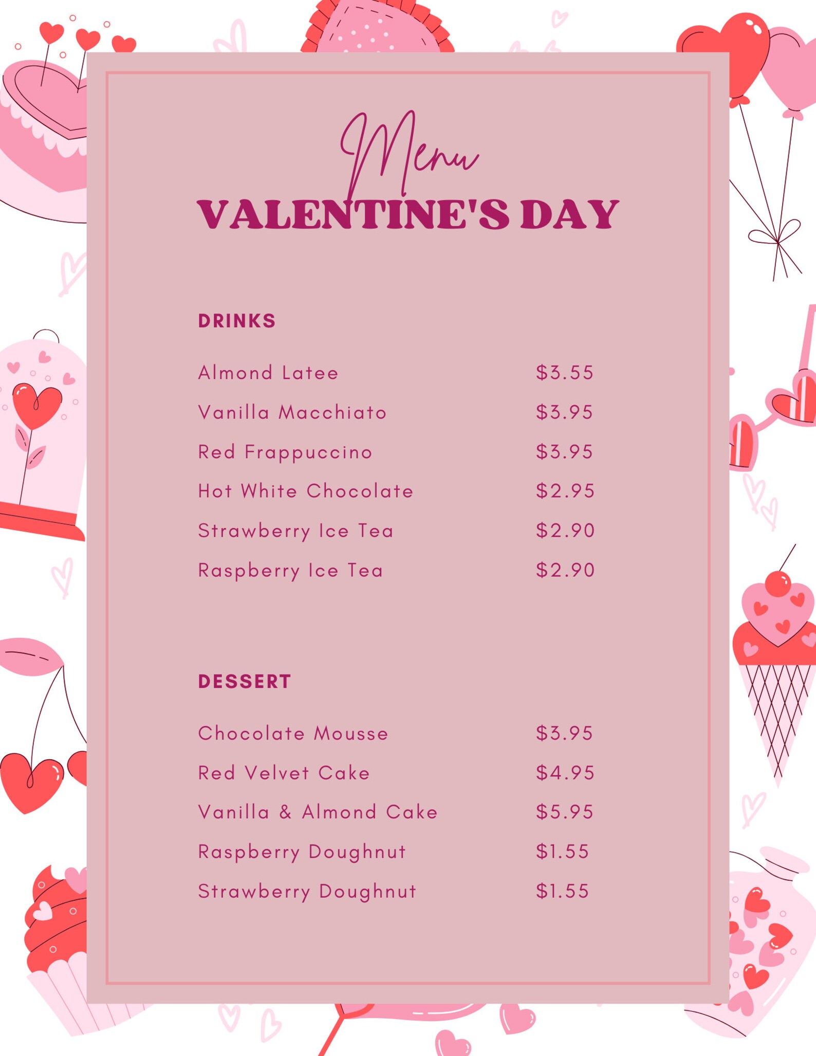 Printable Valentine's Day Menu, Valentine Dinner Party Menu, Editable ...