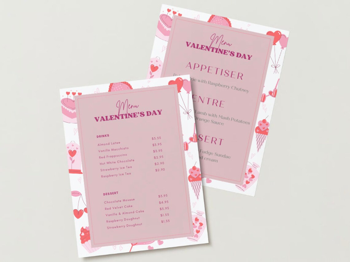 Printable Valentine's Day Menu, Valentine Dinner Party Menu, Editable ...