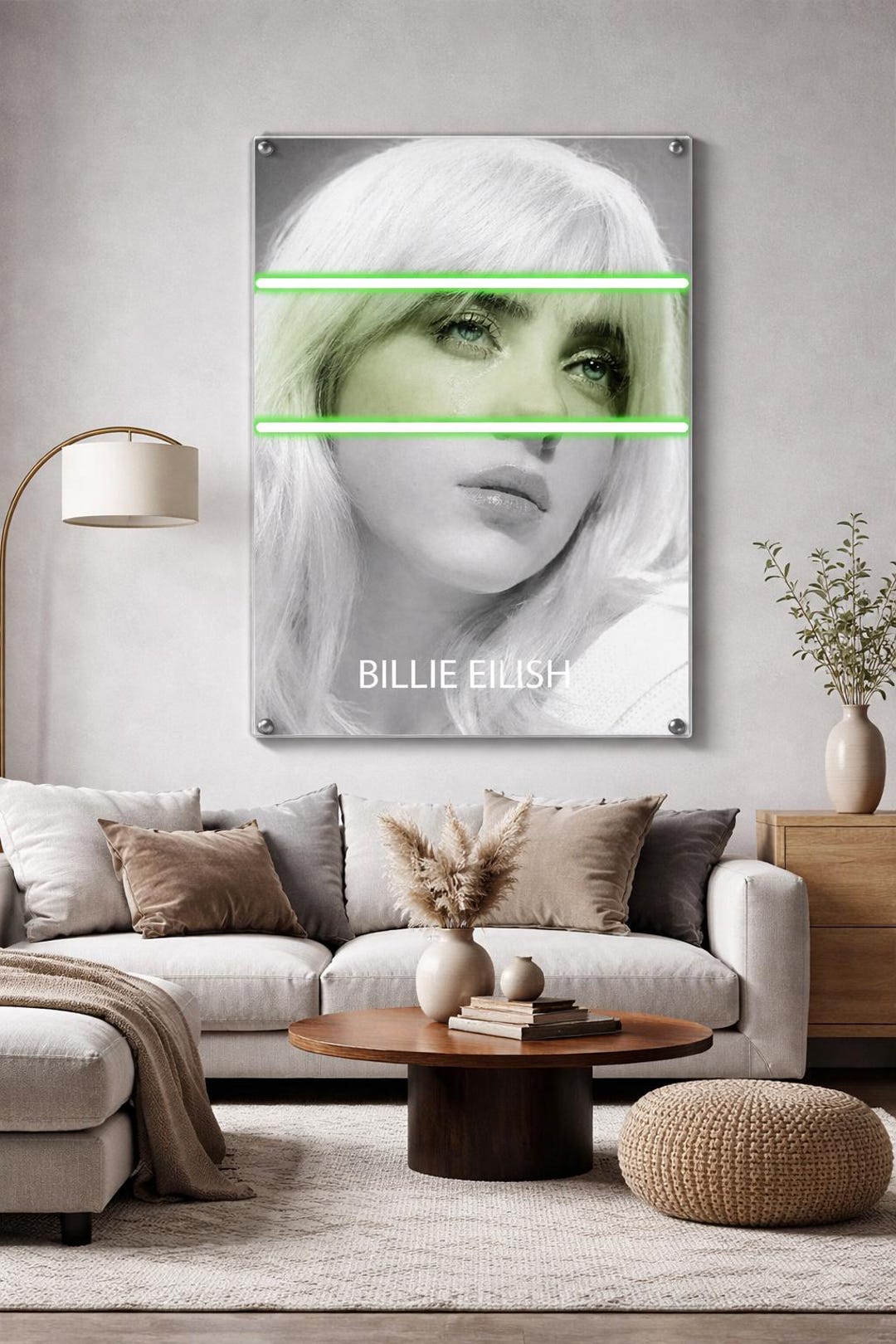 Billie Eilish Wall Decor – Black White Acrylic Portrait With Green LED ...