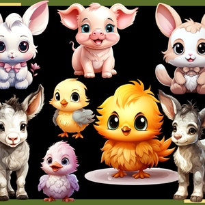 KAWAII FARM ANIMALS - 80 Clip Arts (300 Dpi, Cute Animals, Baby Animals ...