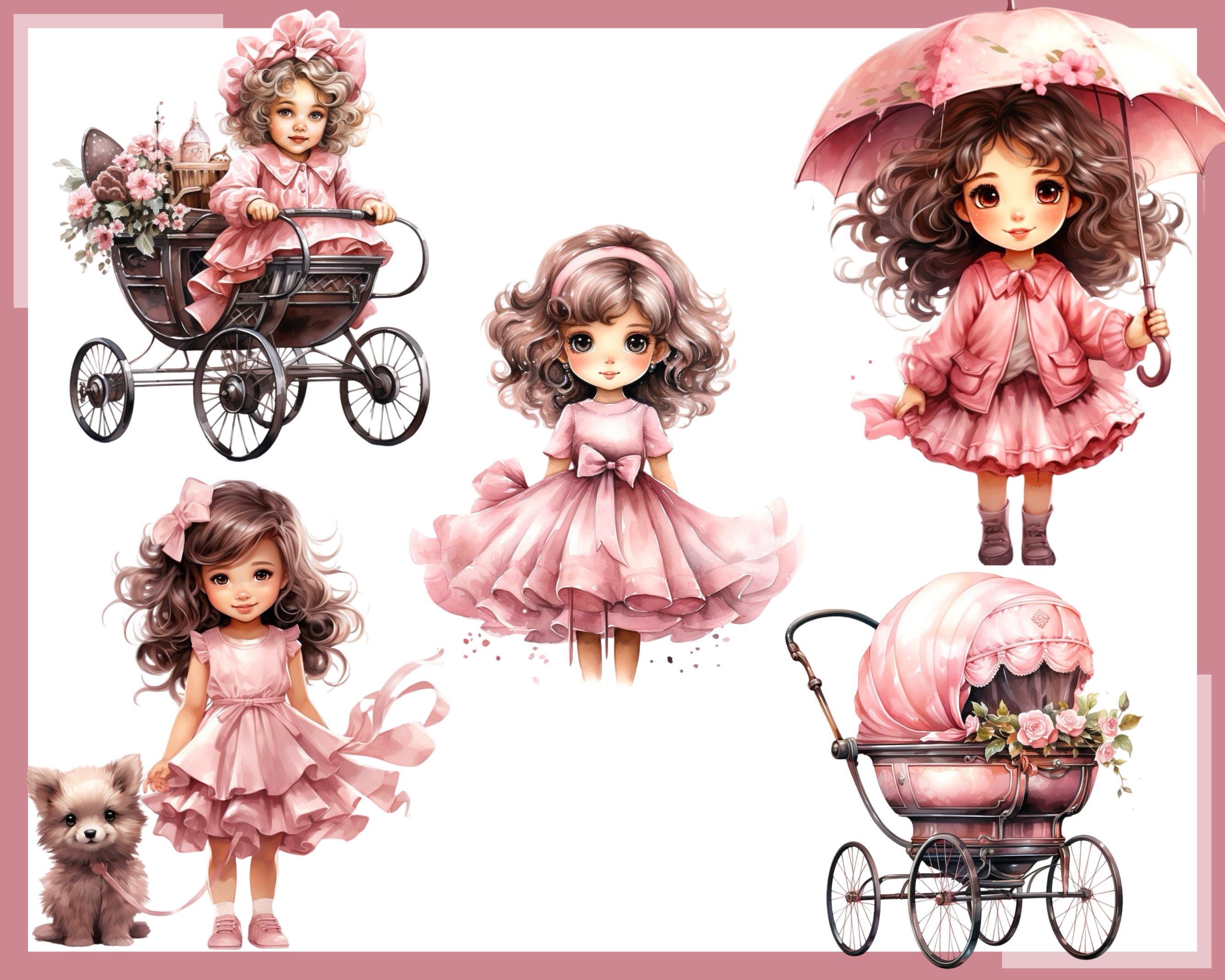 PINK DOLLS 50 Watercolor Clip Arts 10 Patterns 10 Stickers transparent ...