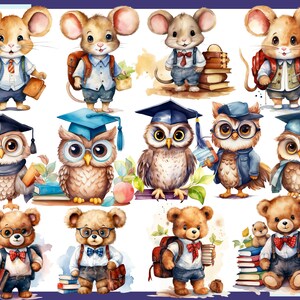 ANIMALS AT SCHOOL - 100 Watercolor Clip Arts (png, 300 Dpi, Notebook ...