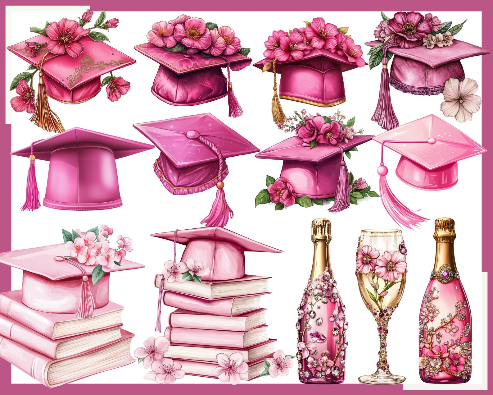 Pink Graduation Watercolor Clipart: 110 PNG Fashion Illustrations ...