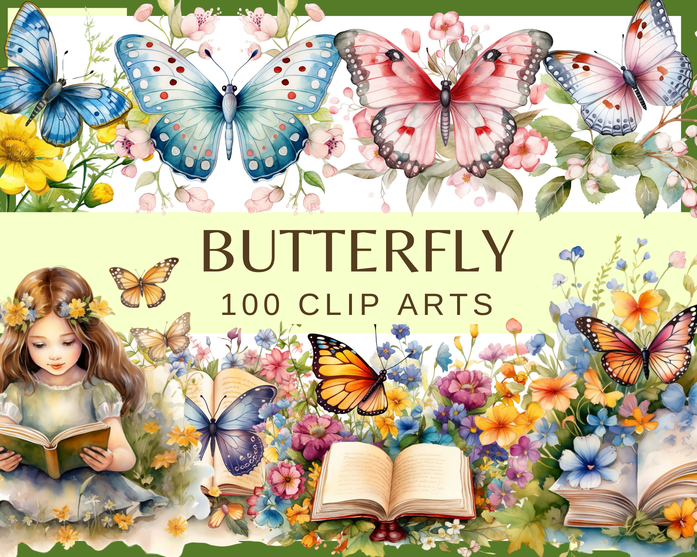 Watercolor Butterfly Clipart Bundle: Floral Insect PNG Graphics (100 ...