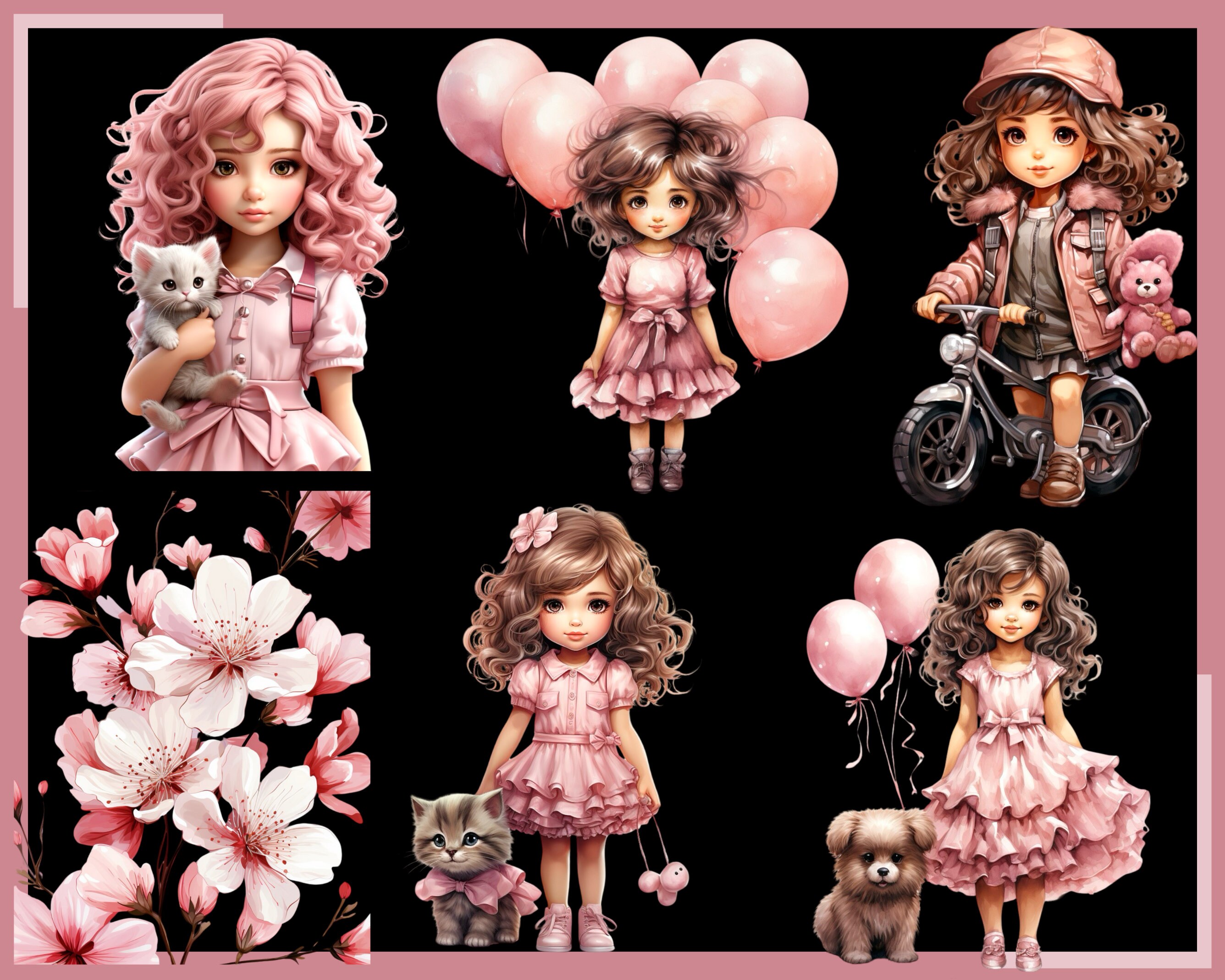 PINK DOLLS 50 Watercolor Clip Arts 10 Patterns 10 Stickers transparent ...