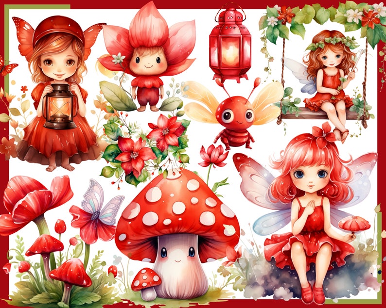 Red Fairy Garden Watercolor Clipart: 100 PNG Graphics (digital Download ...