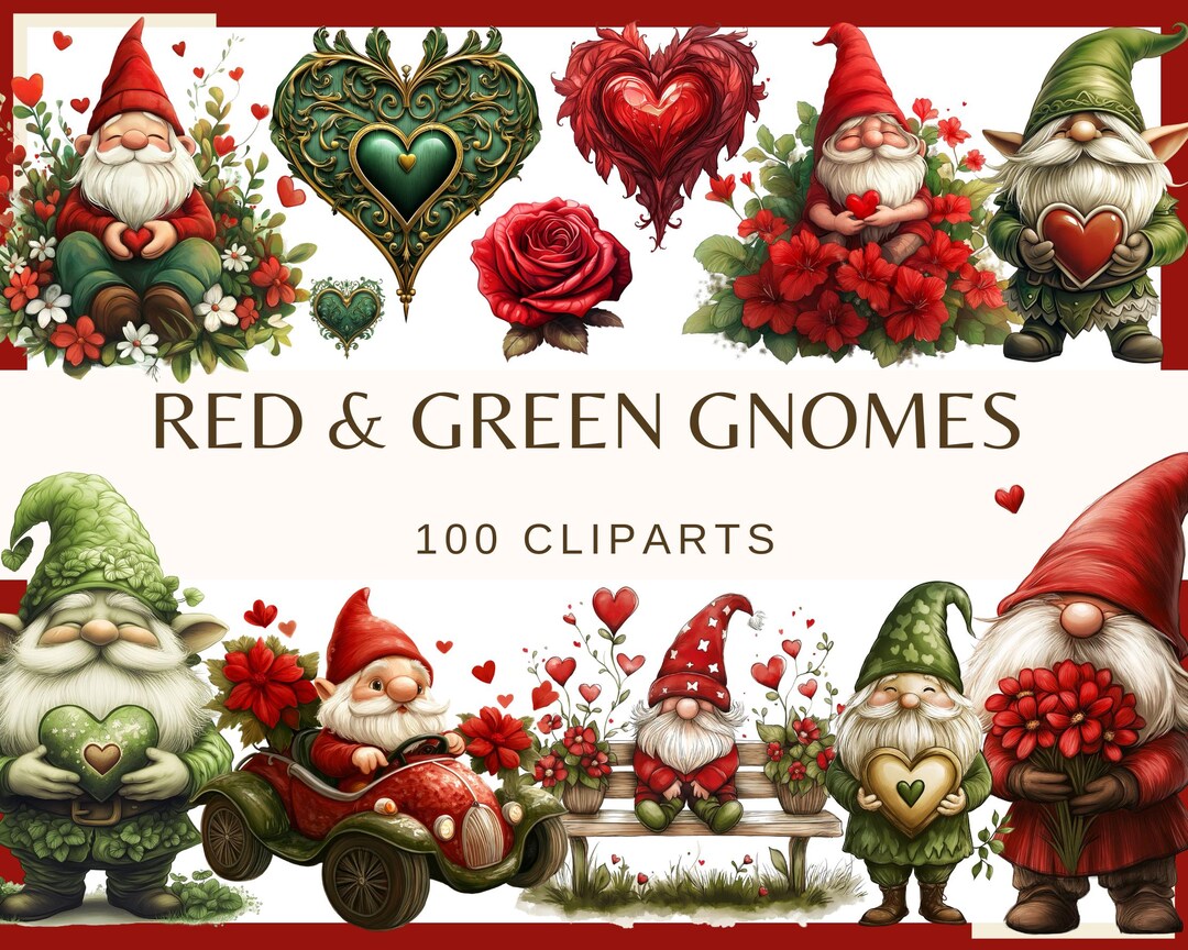 Valentine Gnomes Clip Art: 100 PNG, 300 DPI Love Red & Green, Hearts ...