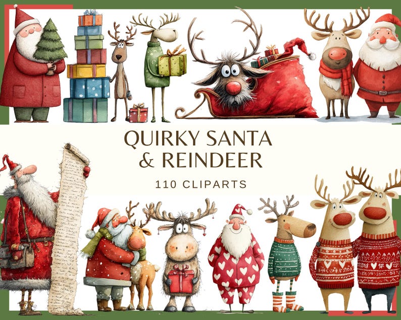 Quirky Santa and Reindeer Clipart: 110 PNG, 300 DPI | Funny Christmas ...