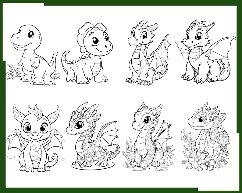 Dino & Dragon Coloring Pages: 100 Watercolor Clip Art (PNG) - Etsy