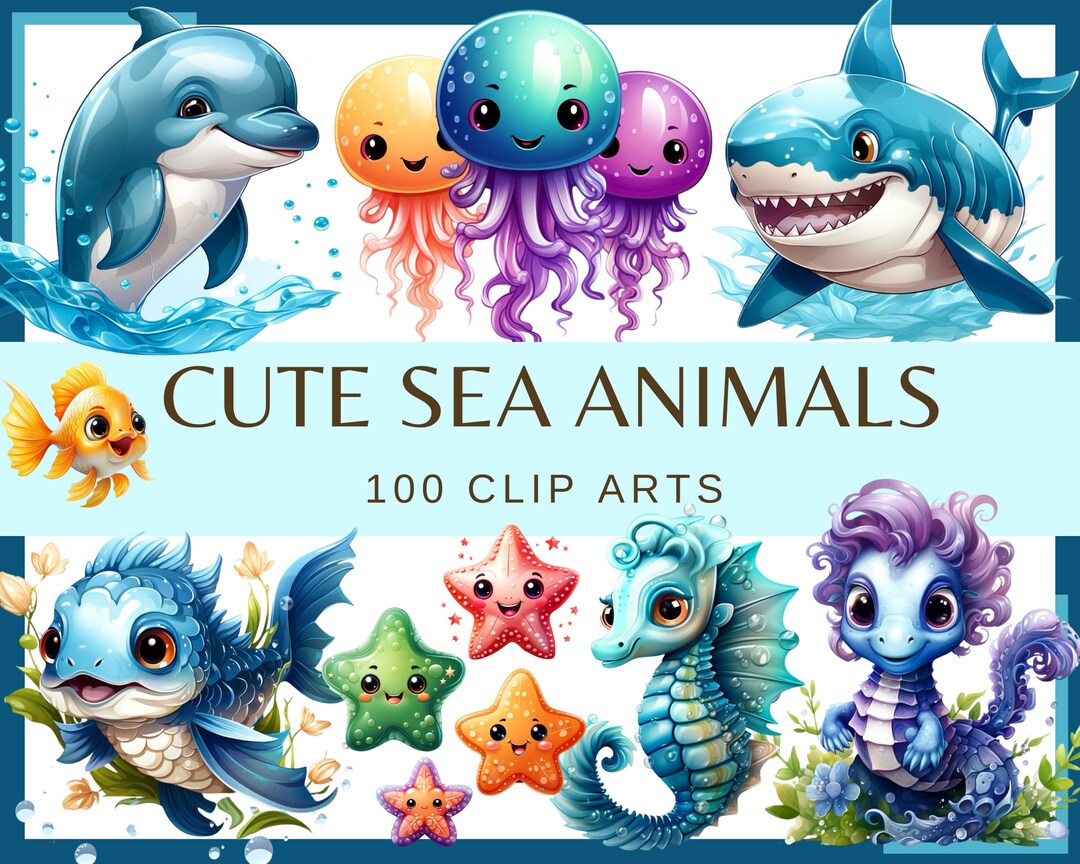 Kawaii Sea Animals Clip Art: 100 PNG Illustrations (300 Dpi) - Etsy
