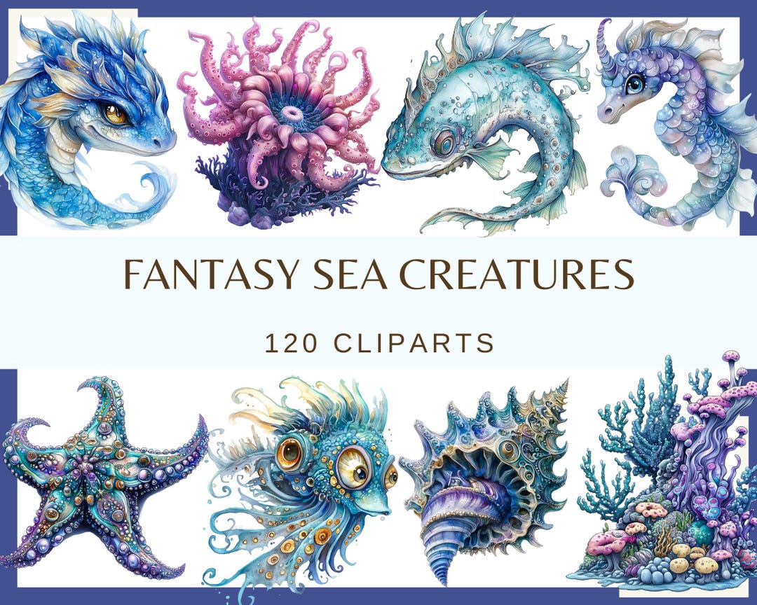 Fantasy Sea Creatures Clip Art: 120 Ocean Animal Illustrations (PNG) - Etsy