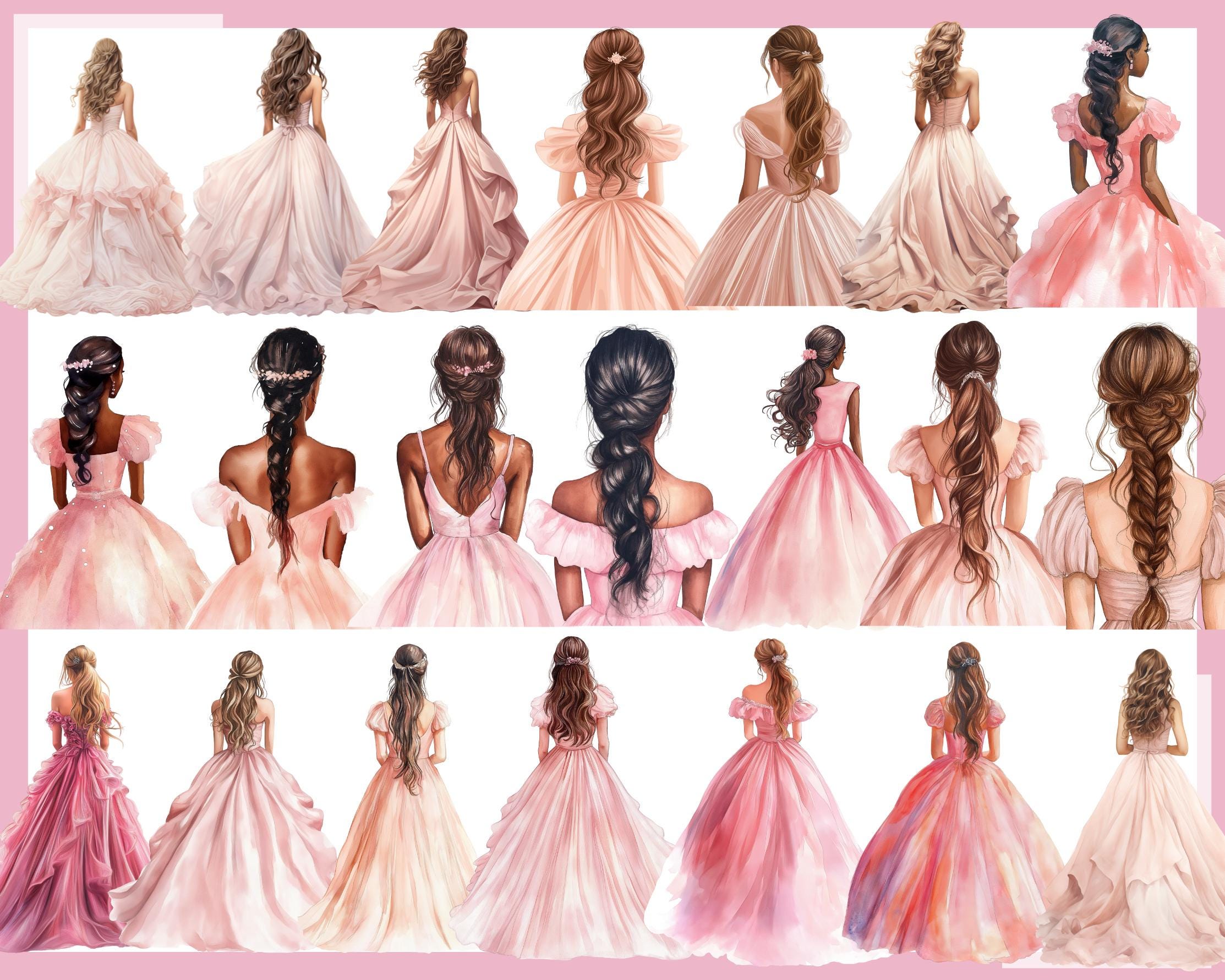 Pink Quinceanera Watercolor Clip Art: Princess Gowns (160 PNG Files) - Etsy