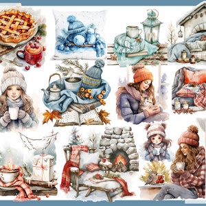 Cosy Winter Watercolor Clipart Bundle: 100 PNG Graphics (digital ...