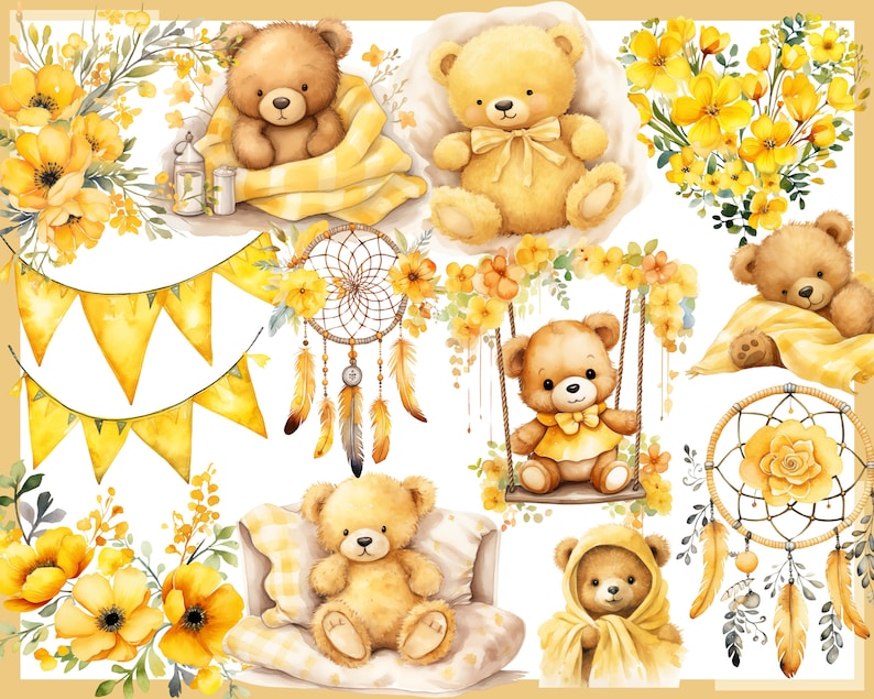 Yellow Teddy Bear Watercolor Clipart: 100 PNG Graphics (commercial Use ...