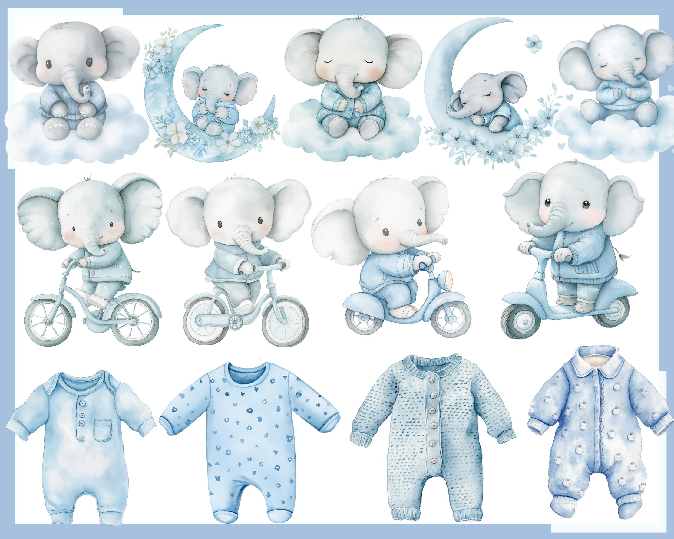 Light Blue Elephant Watercolor Clipart: 130 PNG Graphics (commercial ...