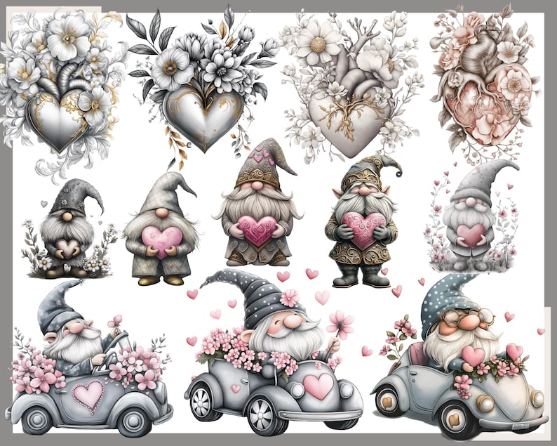 Pink & Grey Valentine Gnomes Clip Art: 100 PNG, 300 DPI Graphics Love ...