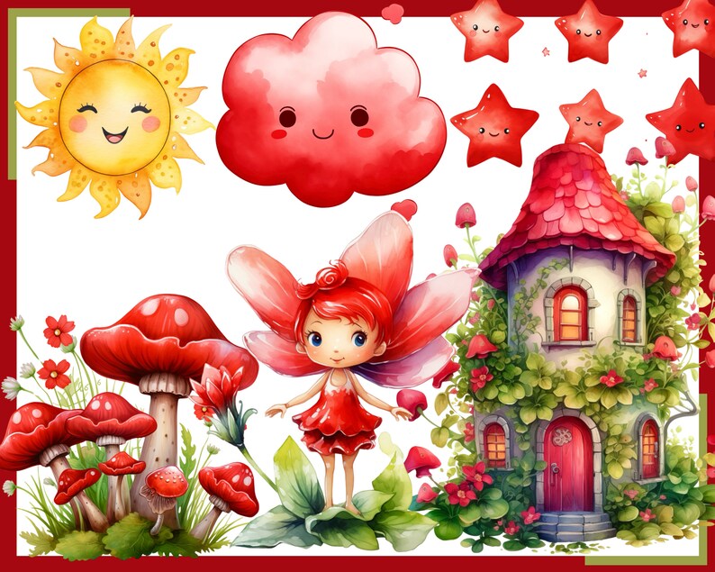 RED FAIRY GARDEN 100 Watercolor Clip Arts transparent Background, 300 ...