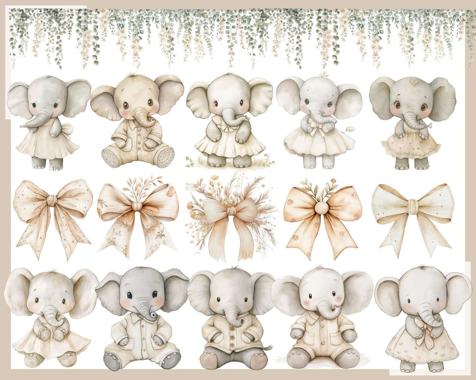 Watercolor Elephant Clip Art: Light Beige, 110 PNG Images (commercial ...