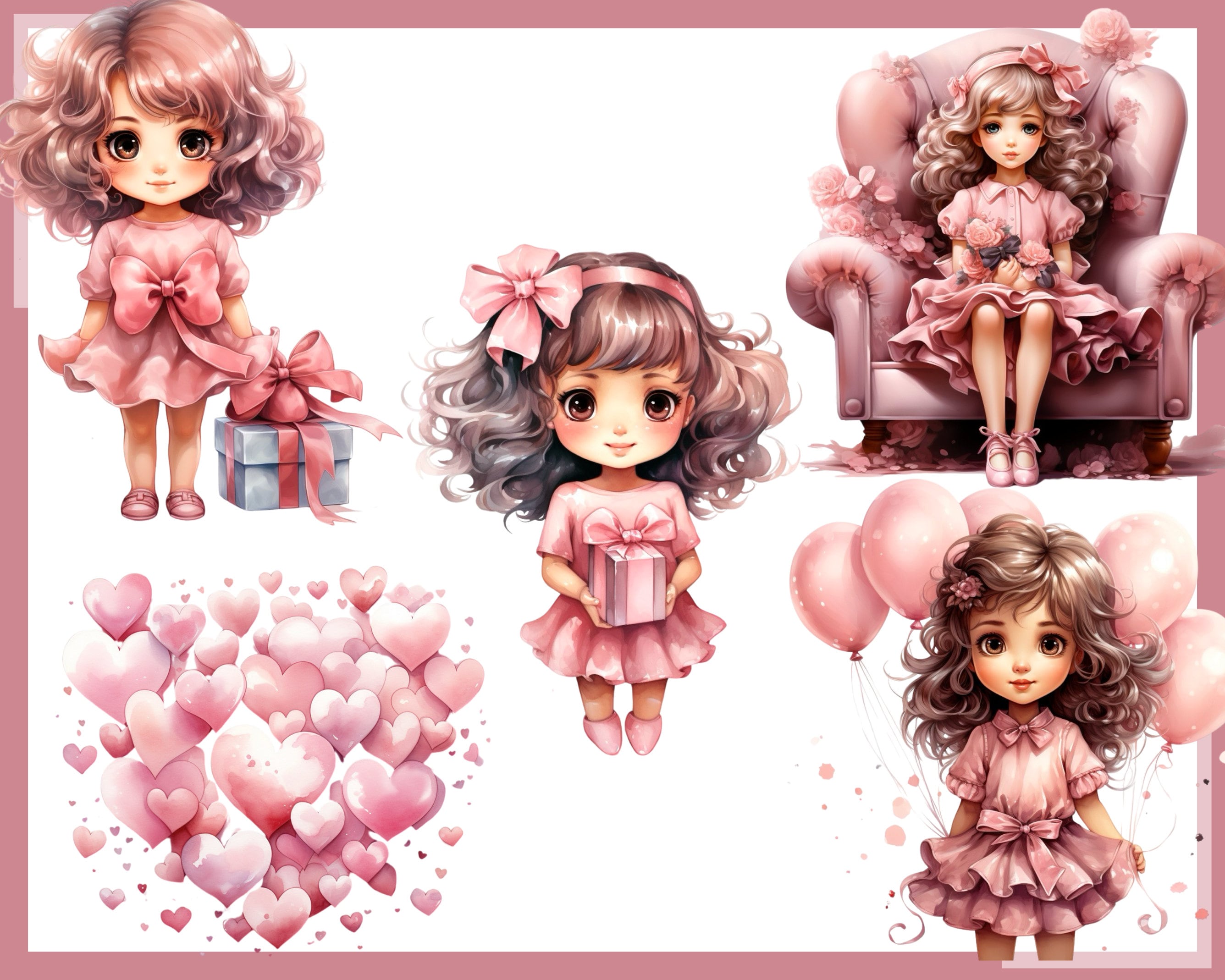 PINK DOLLS 50 Watercolor Clip Arts 10 Patterns 10 Stickers transparent ...