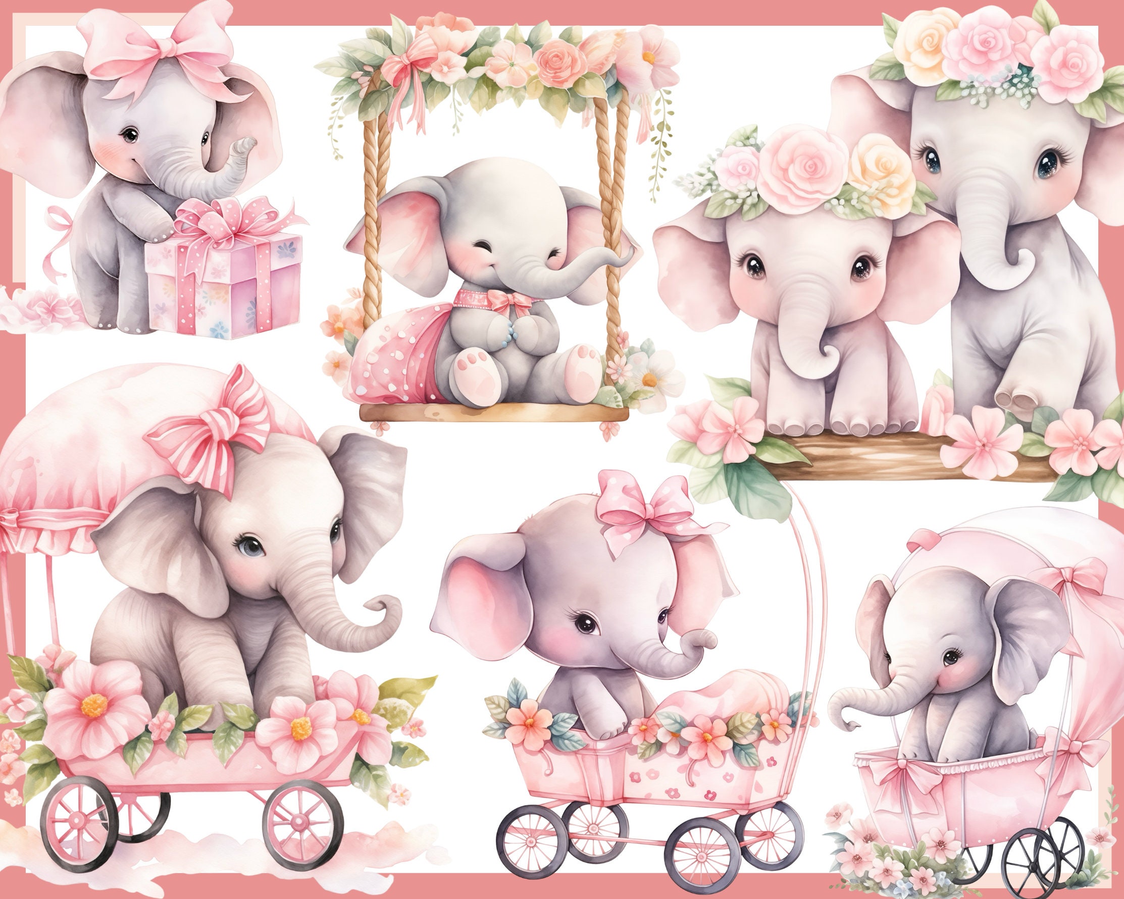 Pink Baby Elephant Watercolor Clipart: 100 PNG Graphics (commercial Use ...