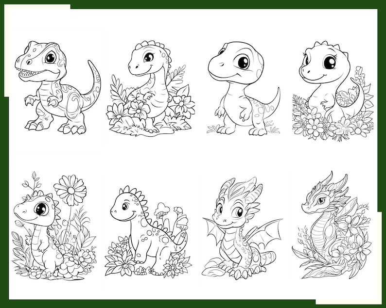 Dino & Dragon Coloring Pages: 100 Watercolor Clip Art (PNG) - Etsy