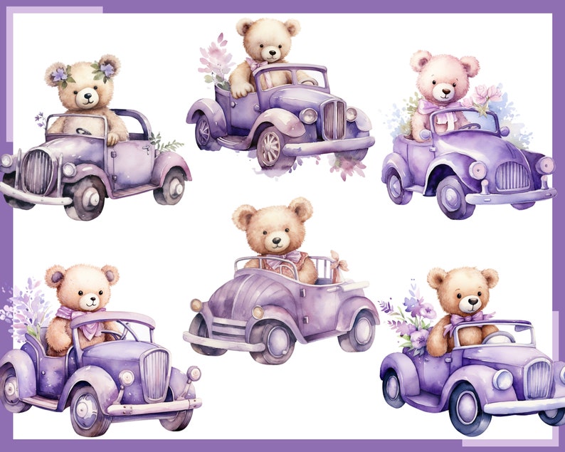 Violet Teddy Bear Watercolor Clipart: 100 PNG Nursery Graphics (digital ...