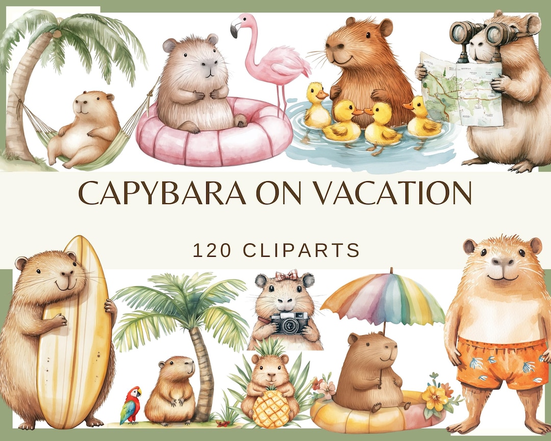 Capybara Vacation Clipart: Summer Animals PNG (120 Files, 300 DPI ...