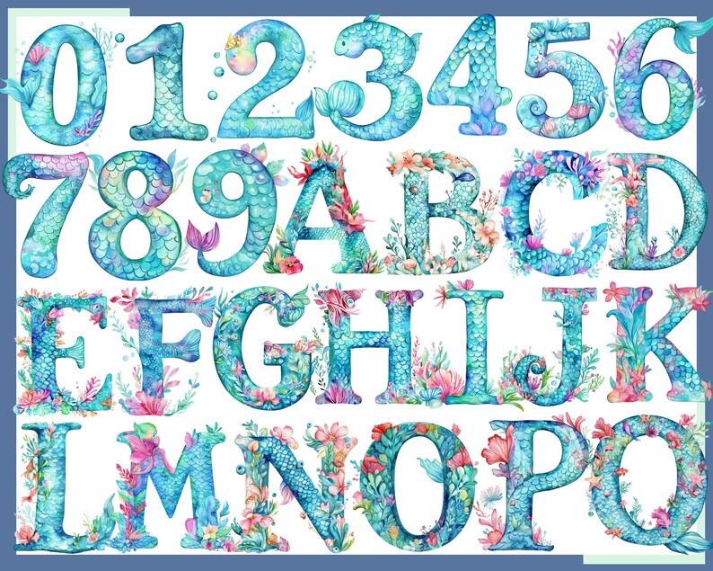 Mermaid Birthday Party Clipart: Watercolor Under the Sea Graphics (250 ...