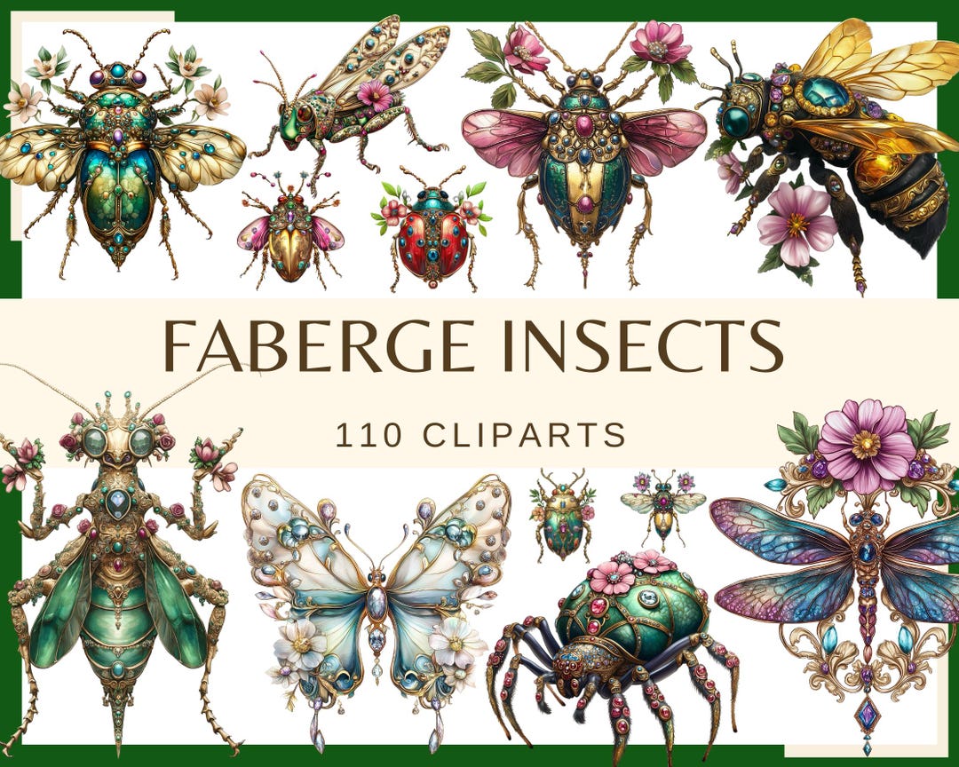 Faberge Insects Clipart: Watercolor Bugs, Butterfly, Beetle (100 PNG ...