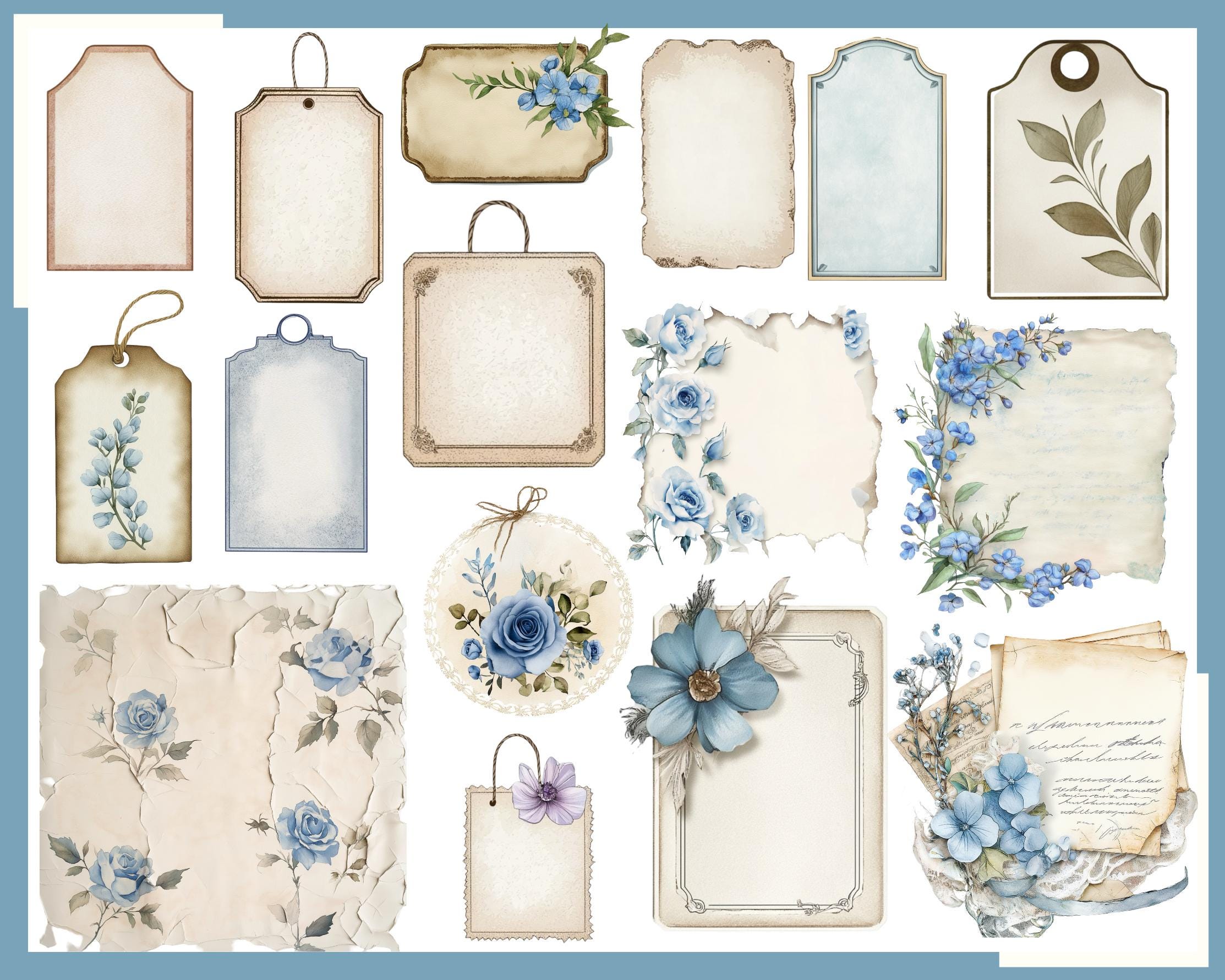 Shabby Blue Ephemera: 230 PNG, 300 DPI (every Image Separate on 1 Page ...