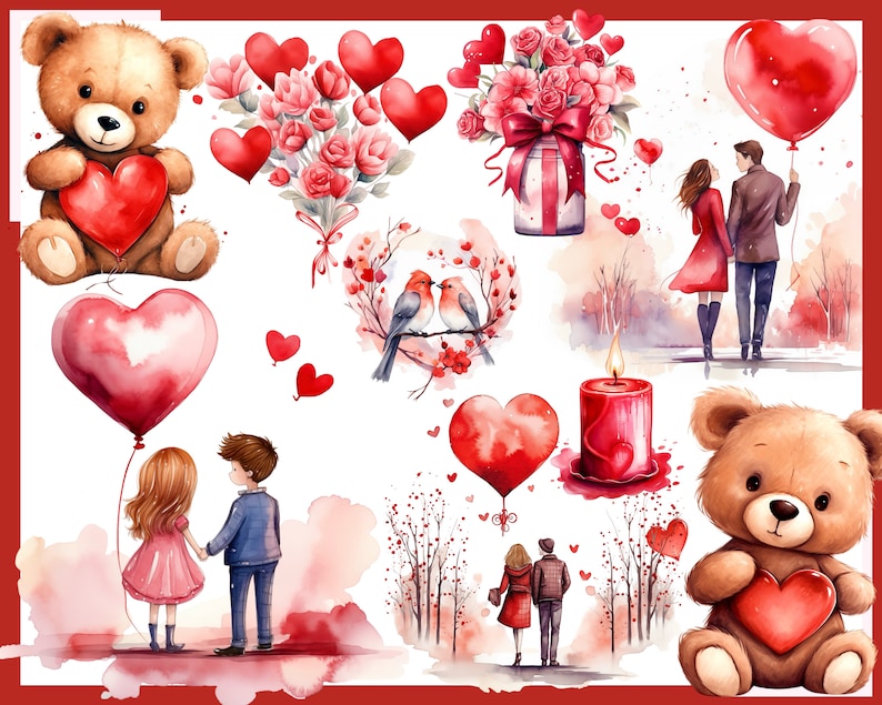 Valentine's Day Clipart: 100 PNG, 300 DPI Teddy Bear, Hearts, Roses ...