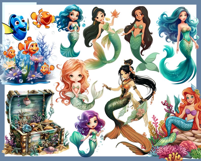 Mermaid Life: 100 PNG, 300 DPI Clipart Cartoon Sea Life Marine Princess ...
