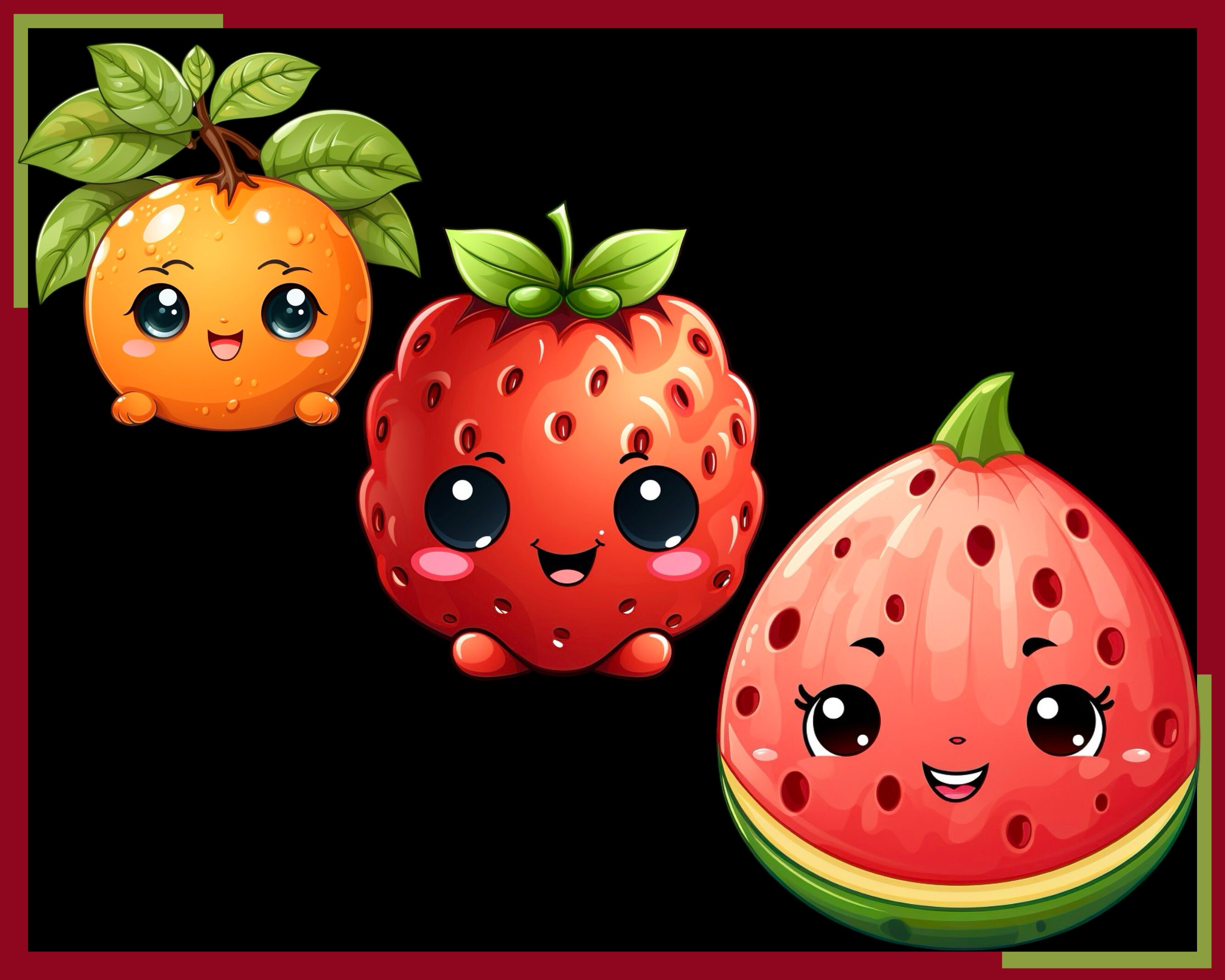 CUTE KAWAII FRUITS - 100 Clip Arts (300 Dpi, Fruit, Transparent ...