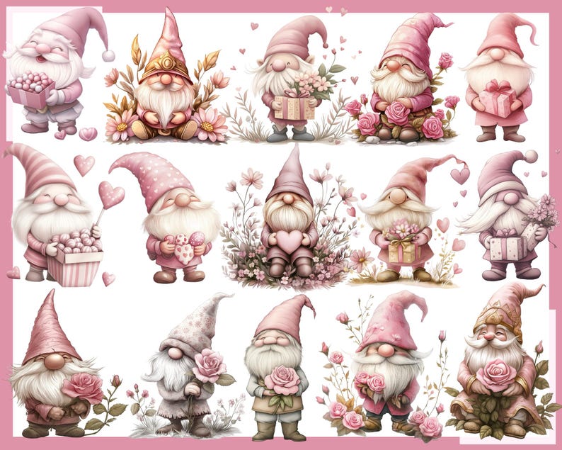 Pink & Grey Valentine Gnomes Clip Art: 100 PNG, 300 DPI Graphics Love ...