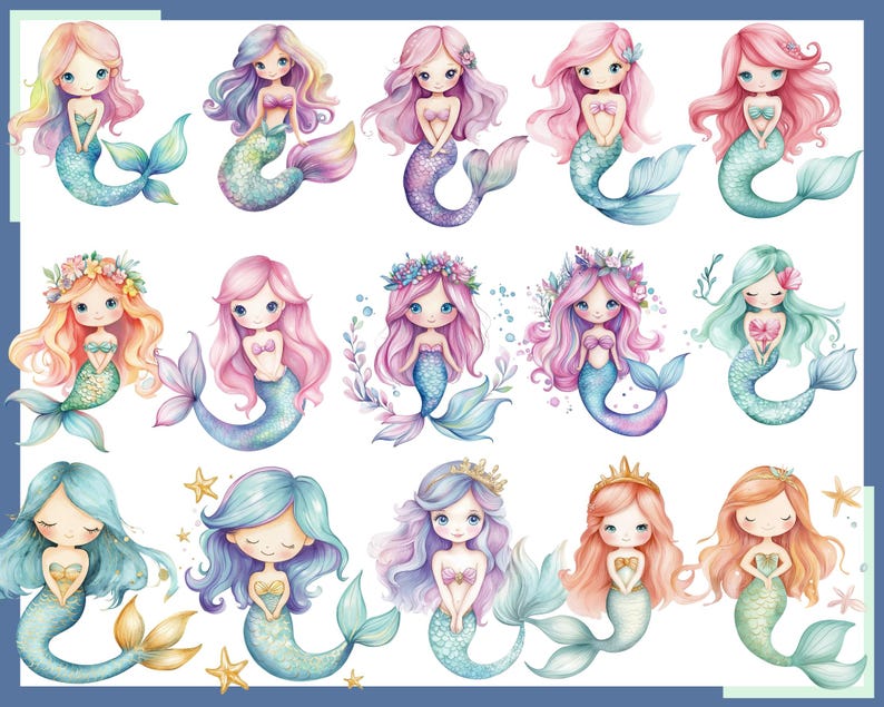 Mermaid Birthday Party Clipart: Watercolor Under the Sea Graphics (250 ...