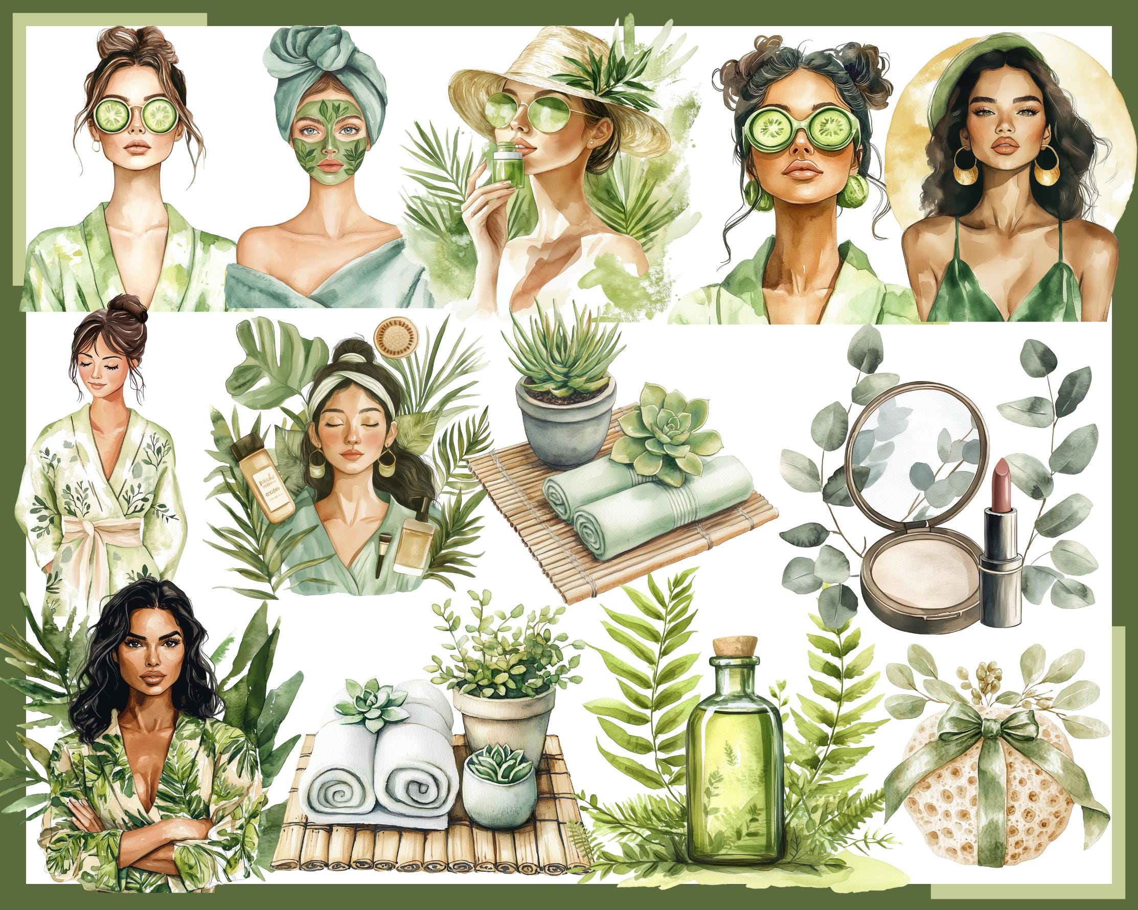 Green Plant Spa Clipart: Botanical Wellness Graphics (PNG, 300 DPI ...