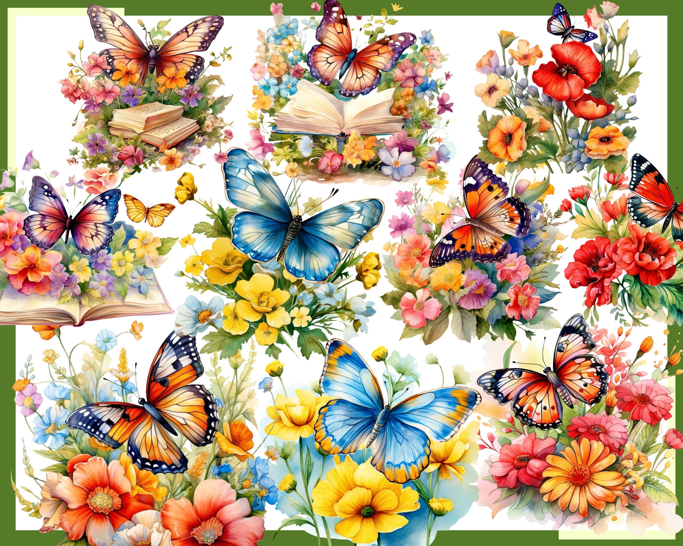 Watercolor Butterfly Clipart Bundle: Floral Insect PNG Graphics (100 ...
