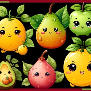 CUTE KAWAII FRUITS - 100 Clip Arts (300 Dpi, Fruit, Transparent ...