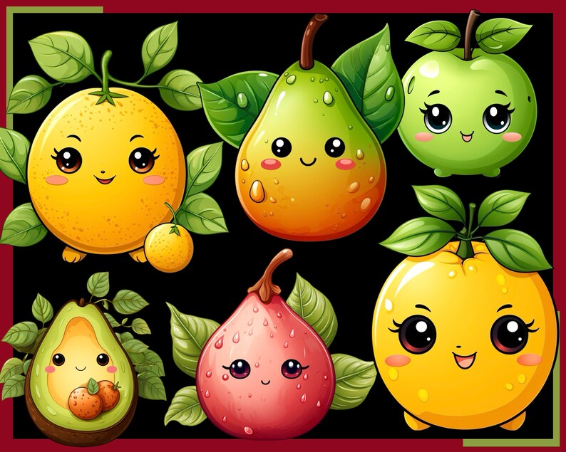 CUTE KAWAII FRUITS - 100 Clip Arts (300 Dpi, Fruit, Transparent ...