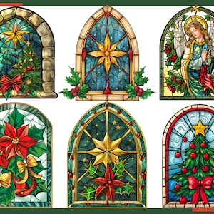 CHRISTMAS STAINED GLASS - 100 Clip Arts (300 Dpi, Christmas Tree, House ...