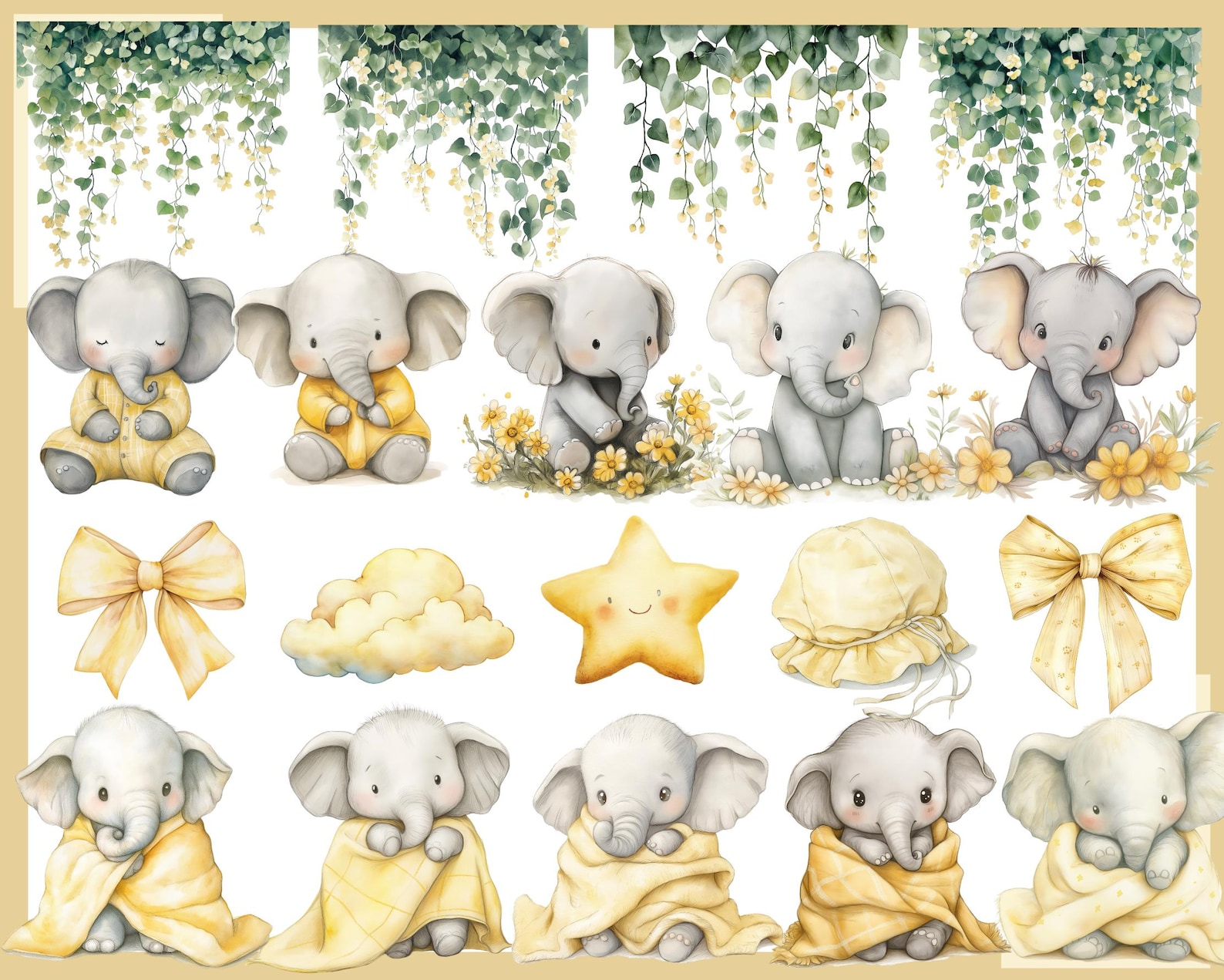 Light Yellow Elephant Watercolor Clipart: 120 PNG Graphics (commercial ...